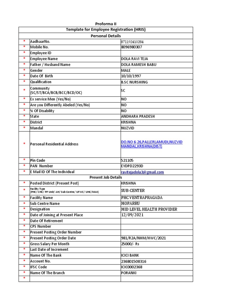 Proforma II Template For Employee Registration (HRIS) Personal Details ...