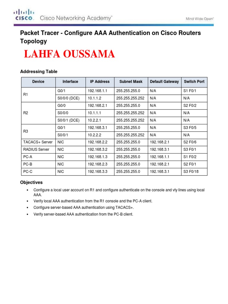 3.6.1.2 Packet Tracer - Configure AAA Authentication On Cisco Routers ...