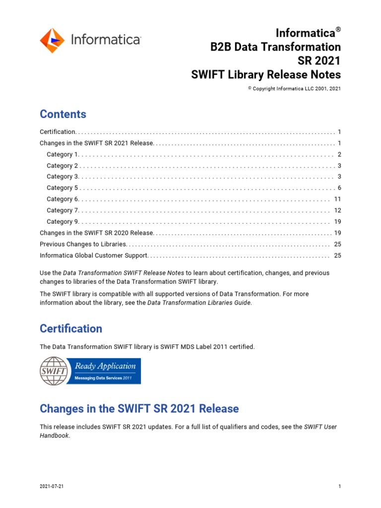 Informatica B2B Data Transformation SR 2021 SWIFT Library Release Notes ...