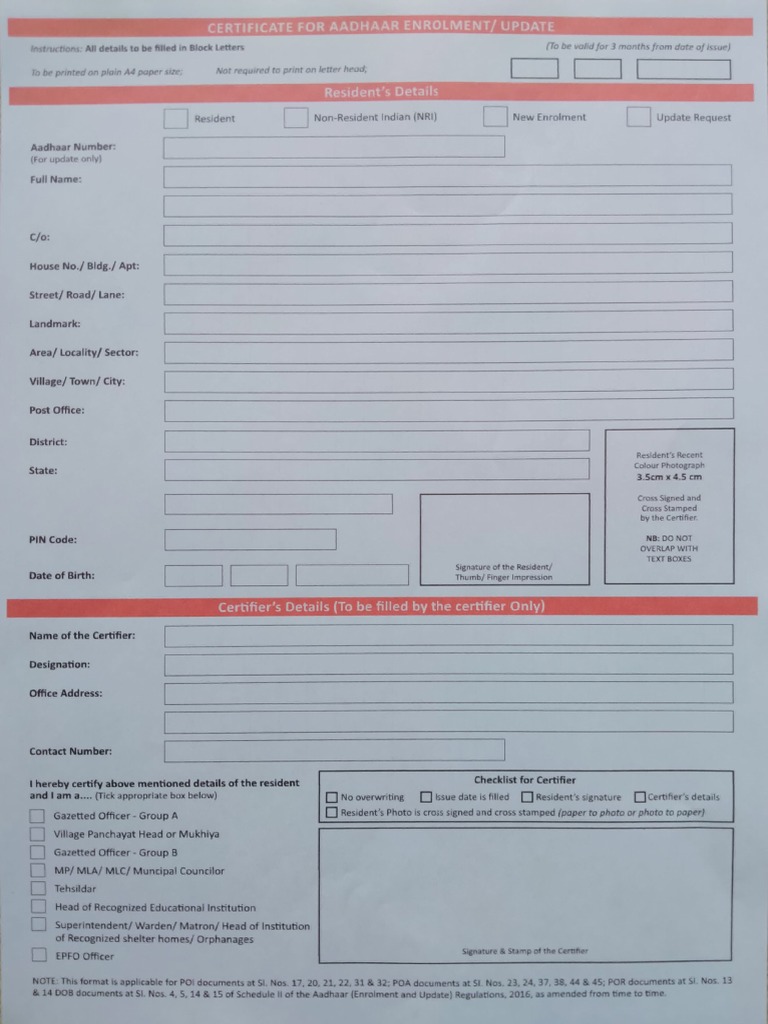 Certificate For Aadhaar Enrolment/: Certifier's Details (To Be Filled ...