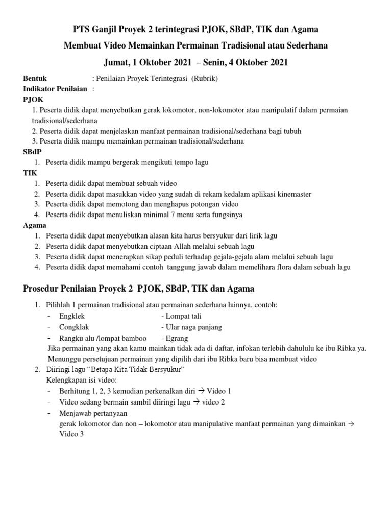 Kisi-Kisi Proyek 2 SBDP PJOK Agama Dan TIK | PDF