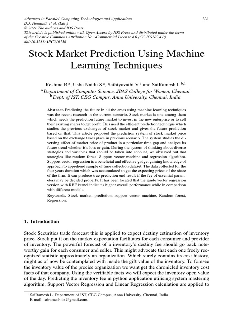 Stock Market Prediction Using Machine Learning Techniques | PDF ...