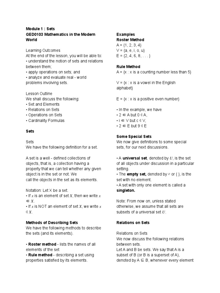 Module 1: Sets GED0103 Mathematics in The Modern World Examples Roster ...