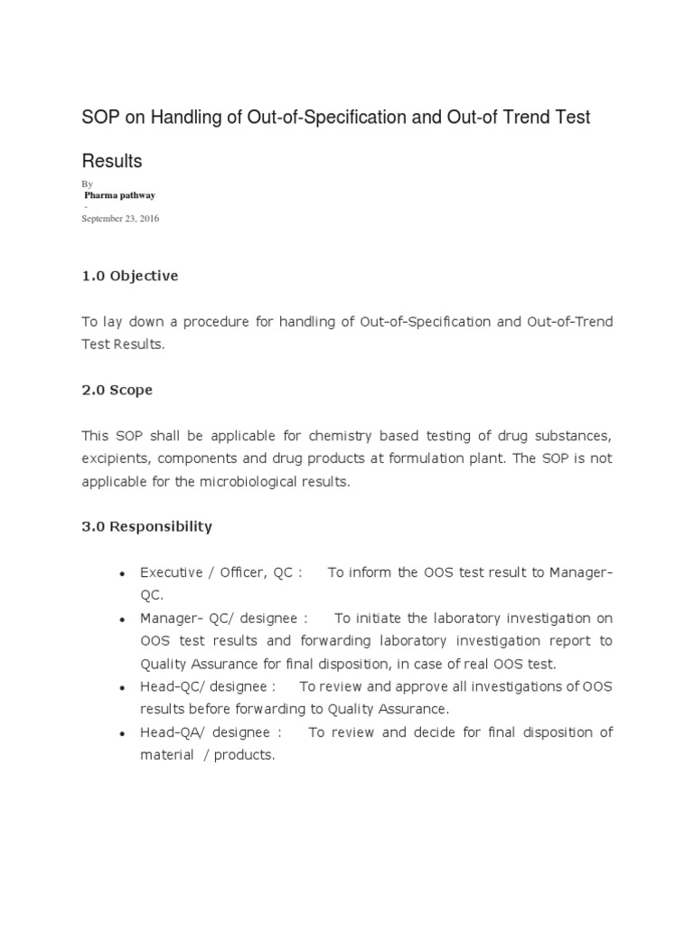 OOS and OOT Handling SOP in Pharma | PDF | Assay | Laboratories