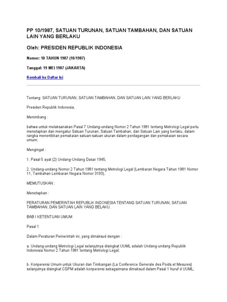 PP No 10 Tahun 1987 TTG Satuan Turunan Satuan Tambahan Dan Satuan Lain Yang Berlaku | PDF