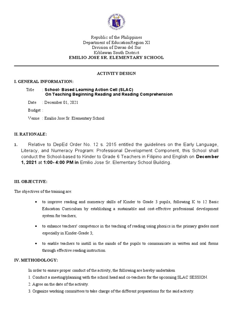 Activity Design Slac 2021 Reading Strat | PDF | Teachers | Cognition