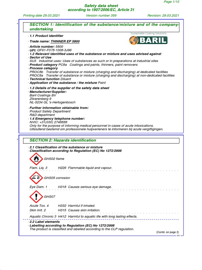 5800 Thinner Ep 5800 Msds Eu | PDF | Toxicity | Dangerous Goods