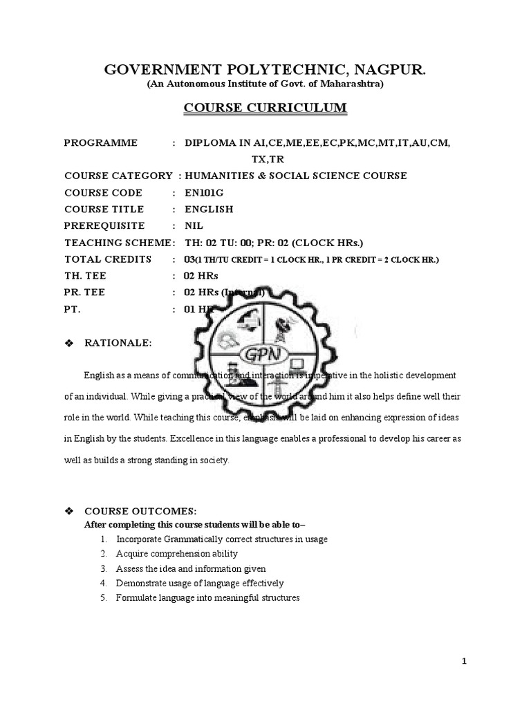 Government Polytechnic, Nagpur.: Course Curriculum | PDF | Reading Comprehension | English Language