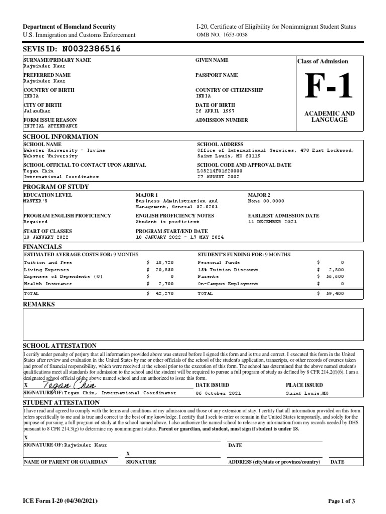 DHS I-20 form for Indian student pursuing master's in business | PDF ...