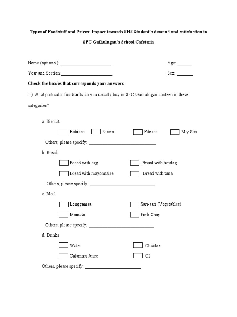 Questionnaire | PDF | Cafeteria | Foods