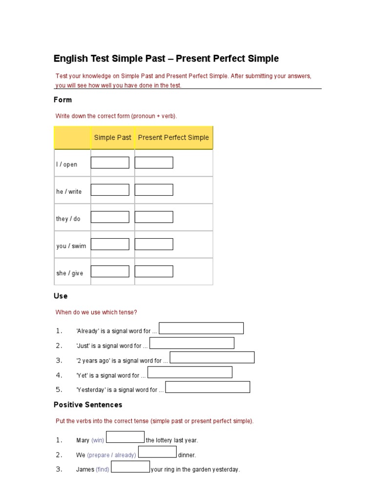 English Test: Simple Past vs Present Perfect | PDF | English Language ...