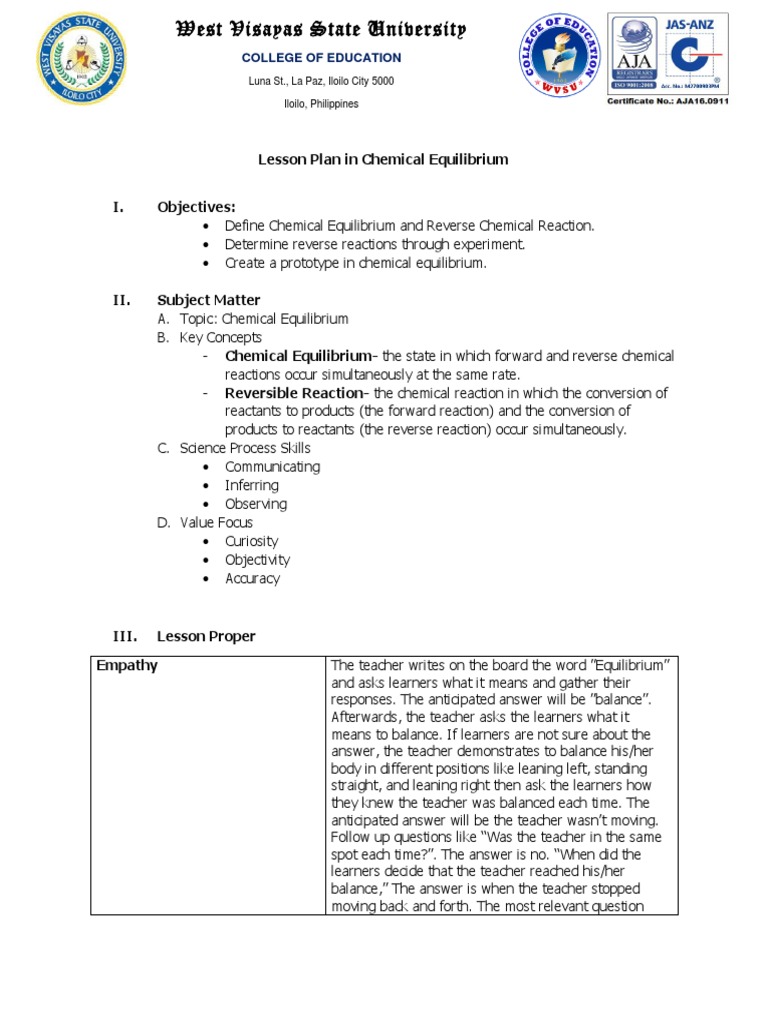 Chemical Equilibrium Lesson Plan | PDF | Chemistry | Physical Sciences