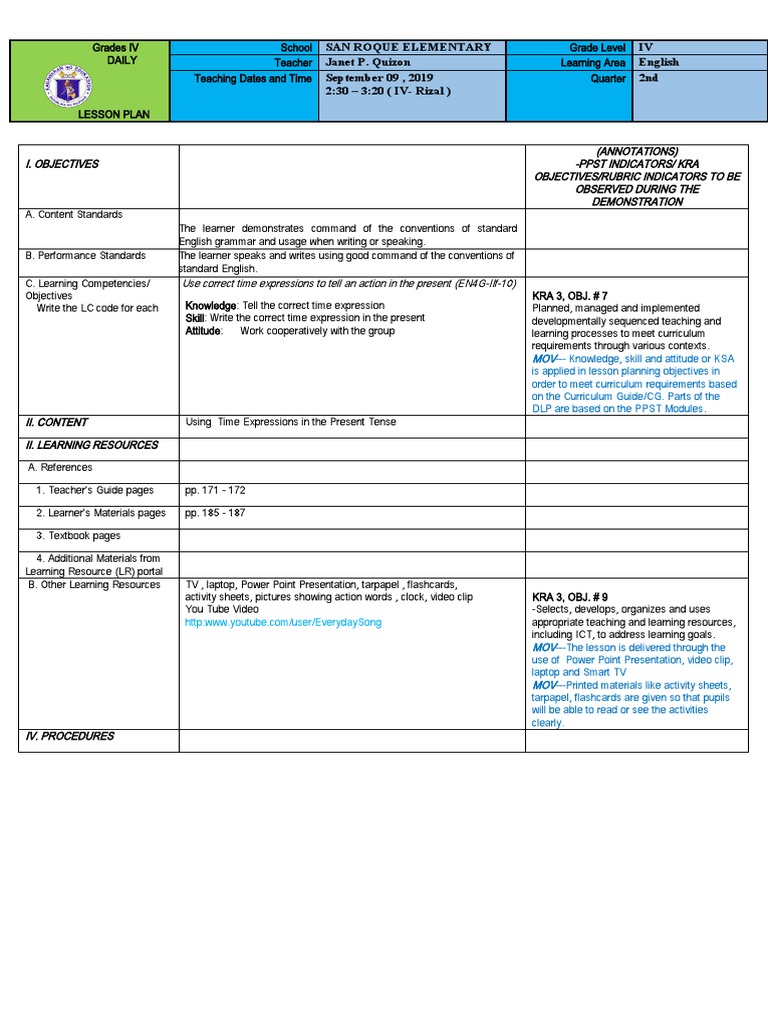 Grade 4 Lesson Plan: Time Expressions | PDF | Educational Assessment ...