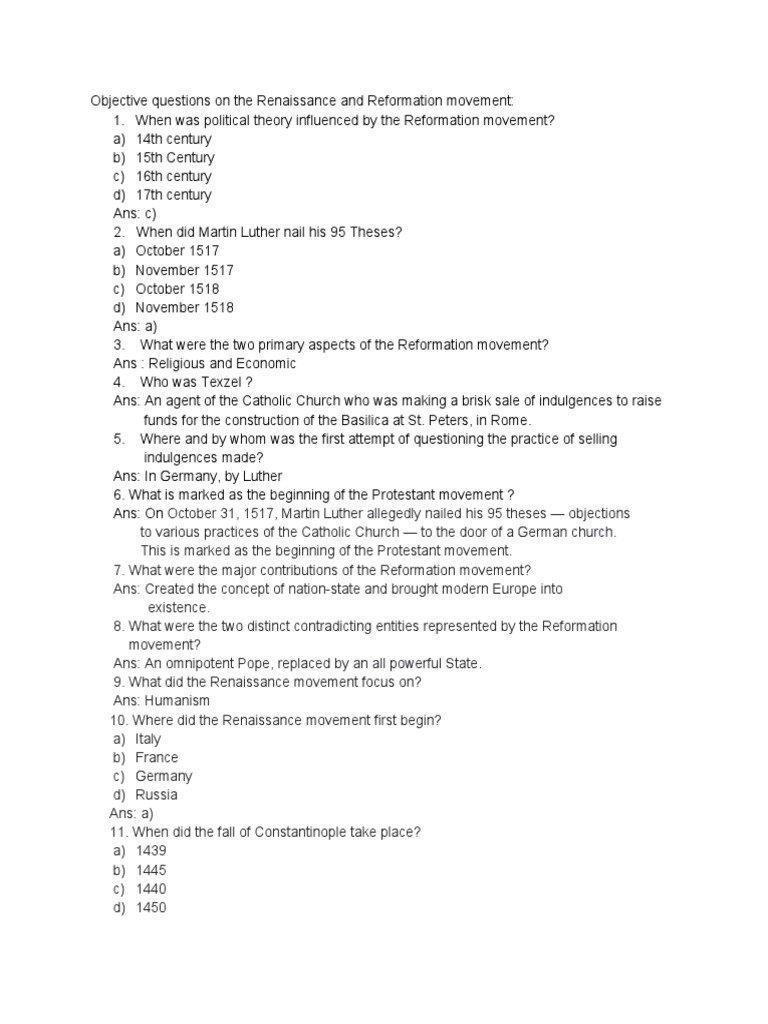 Objective Questions On Reformation and Renaissance | PDF | Renaissance ...