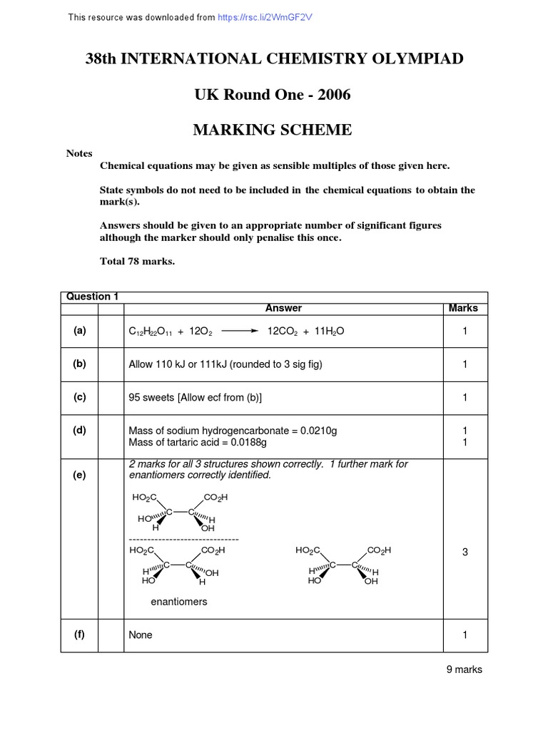 UKChO 2006 Round 1 Mark Scheme | PDF | Molecules | Chemistry
