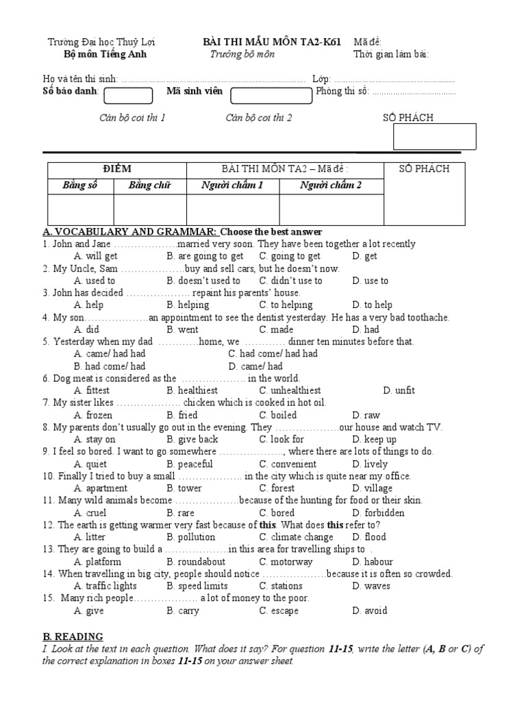 DE THI TA2 K61 | PDF | Population Growth | Population