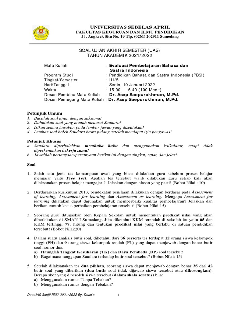 SOAL UAS EVALUASI PEMB. BAHASA Dan SASTRA INDONESIA | PDF