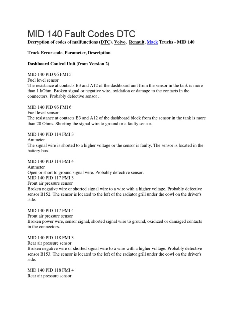 MID 140 Fault Codes DTC | PDF | Switch | Electrical Resistance And Conductance