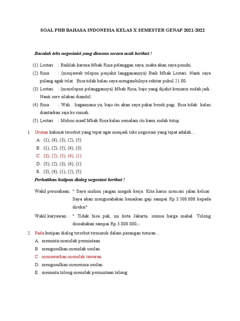 Soal PHB Bahasa Indonesia X 2022 | PDF