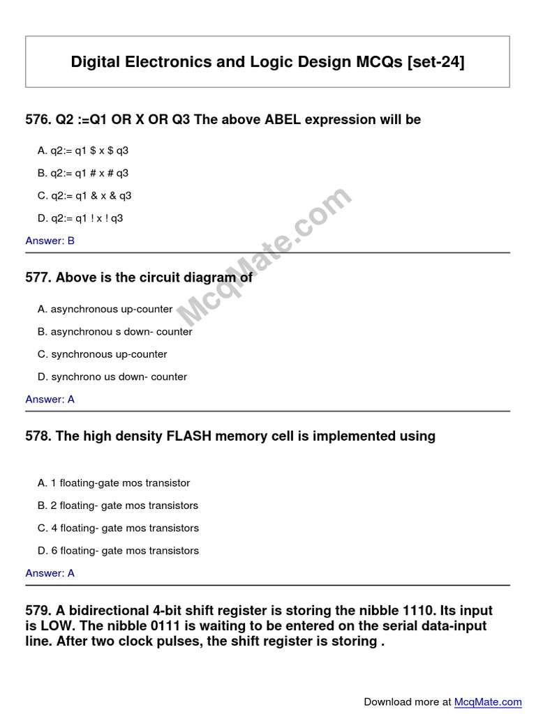 Digital Electronics and Logic Design Solved MCQs (Set-24) | PDF