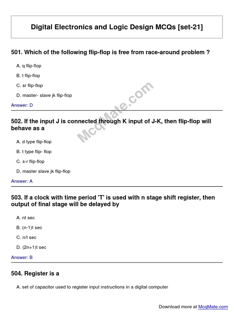 Digital Electronics and Logic Design Solved MCQs (Set-21) | PDF | Computer Hardware | Logic Gate