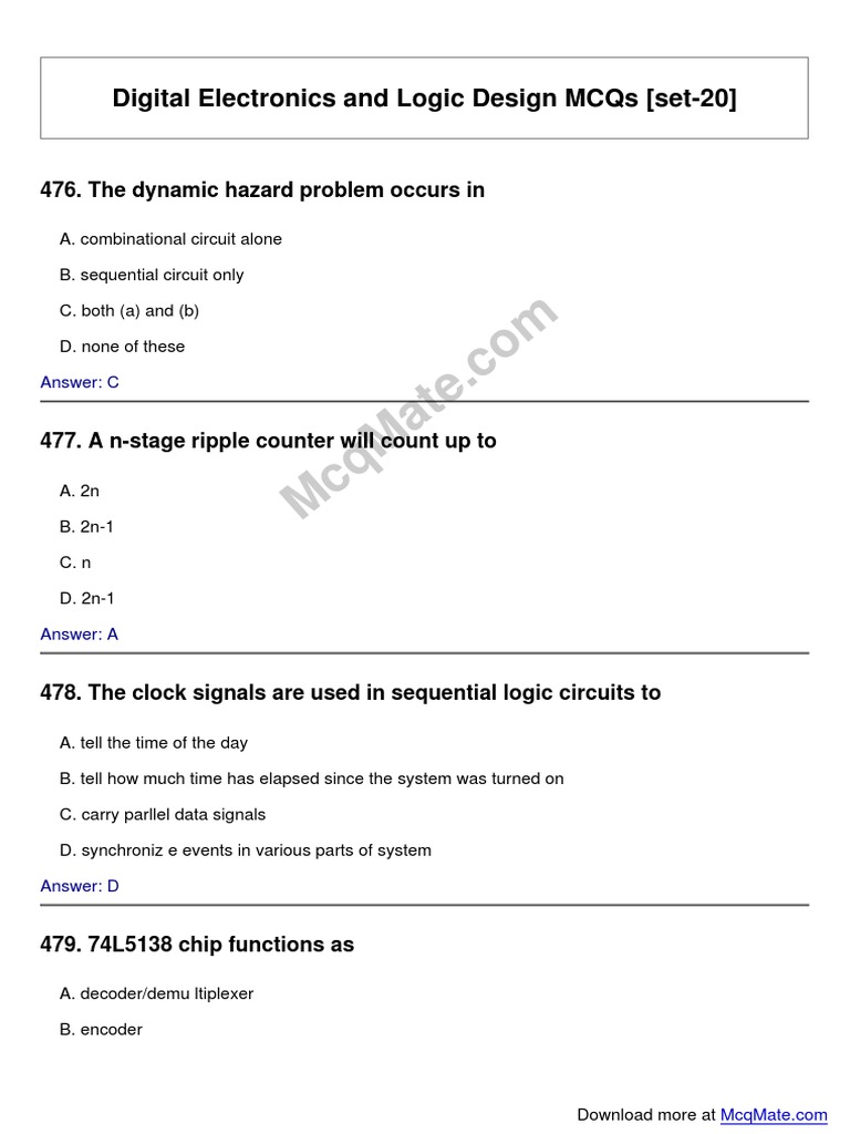 Digital Electronics and Logic Design Solved MCQs (Set-20) | PDF | Electronic Engineering ...