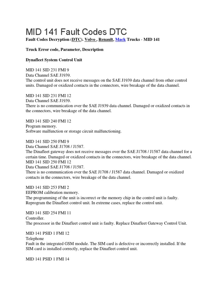 MID 141 Fault Codes DTC | Download Free PDF | Electrical Engineering ...
