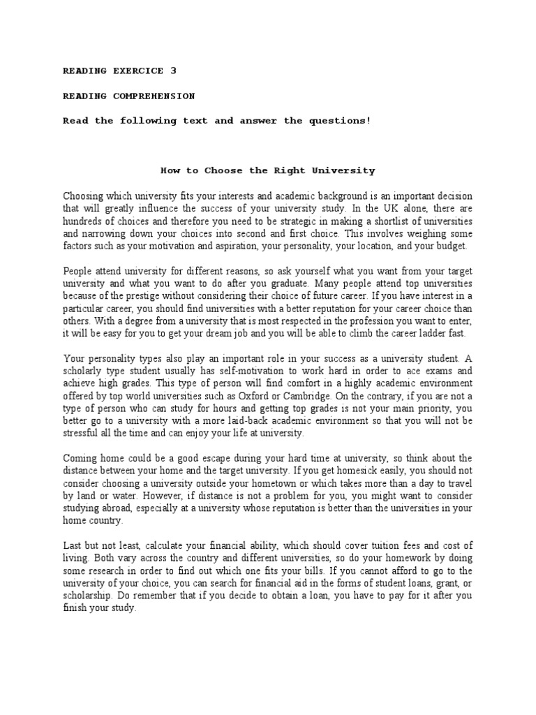 Reading Exercice 3 Reading Comprehension Read The Following Text and ...
