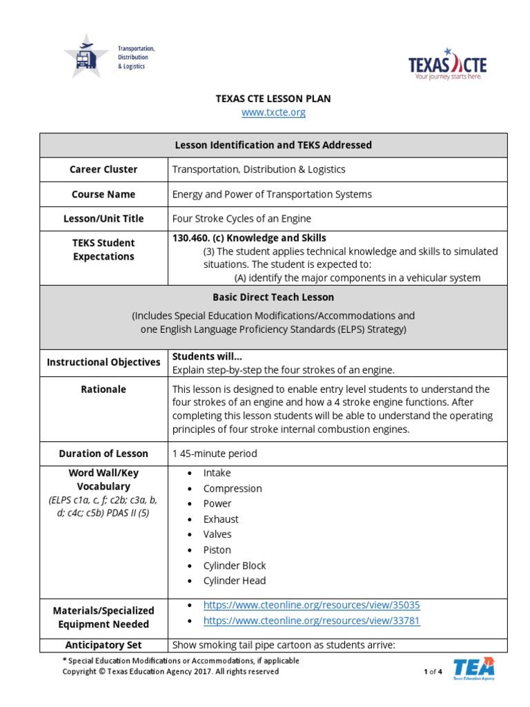Lesson Plan Four Stroke Cycles of An Engine | PDF | Piston ...