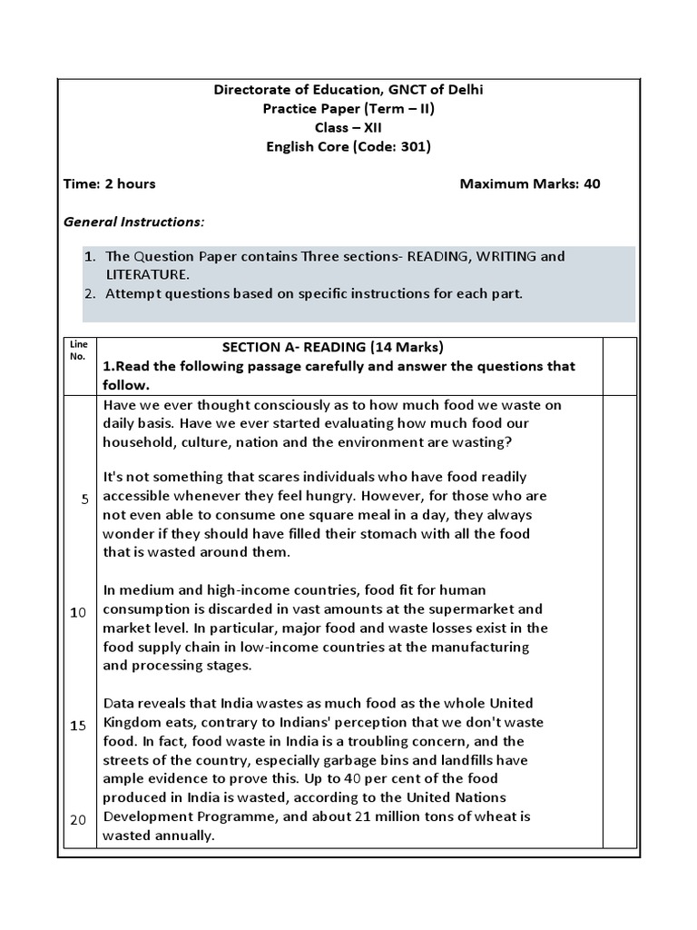 Directorate of Education, GNCT of Delhi Practice Paper (Term - II ...