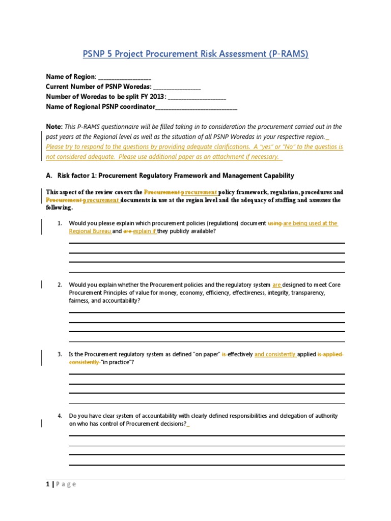 PSNP 5 Project Procurement Risk Assessment (P-RAMS) | PDF | Procurement ...