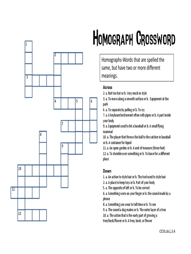 Homograph Crossword: Homographs-Words That Are Spelled The Same, But ...