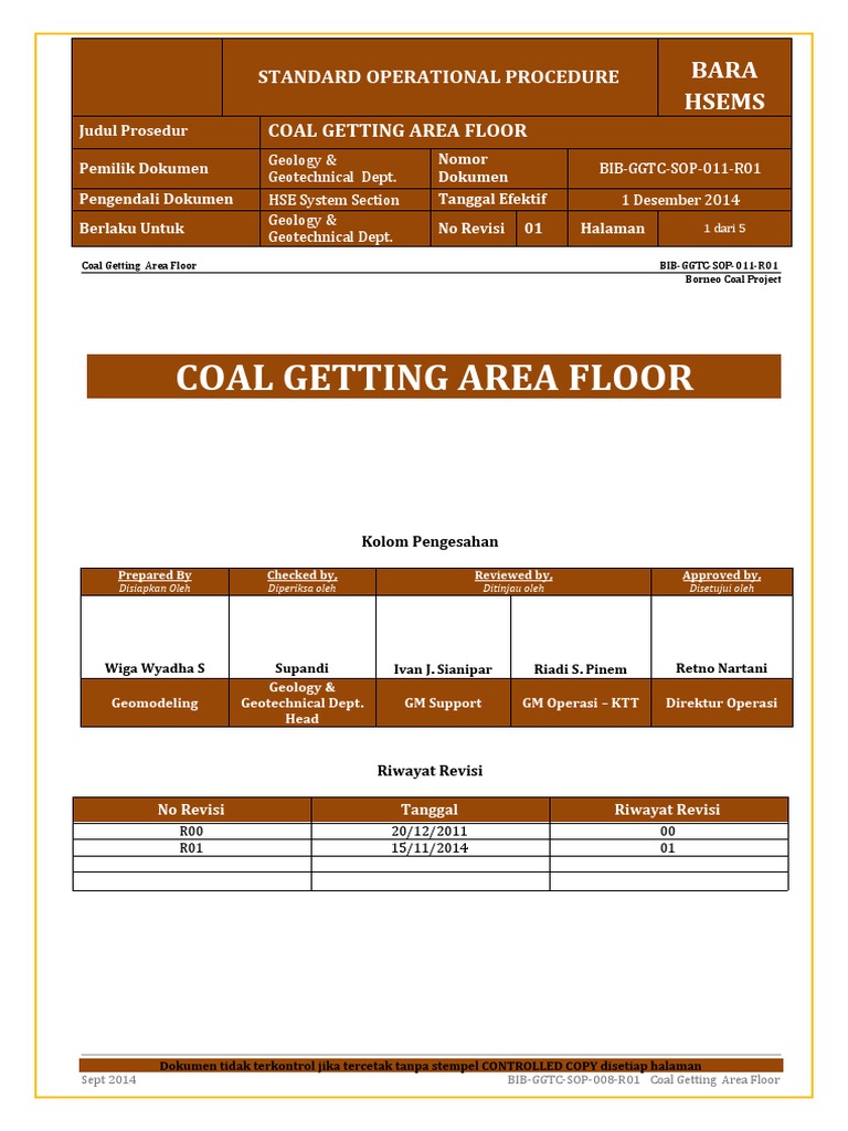 Bib-Sop-Geo-011 Coal Getting Area Floor-R1 | PDF