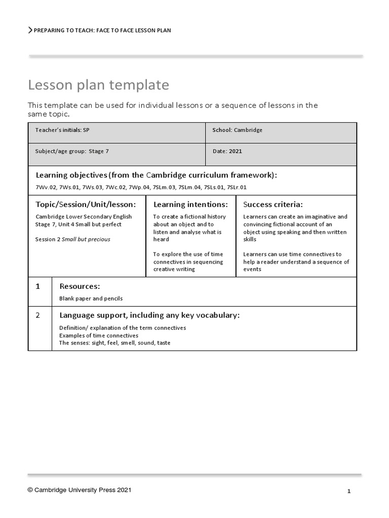 Lesson Plan Template: This Template Can Be Used For Individual Lessons ...