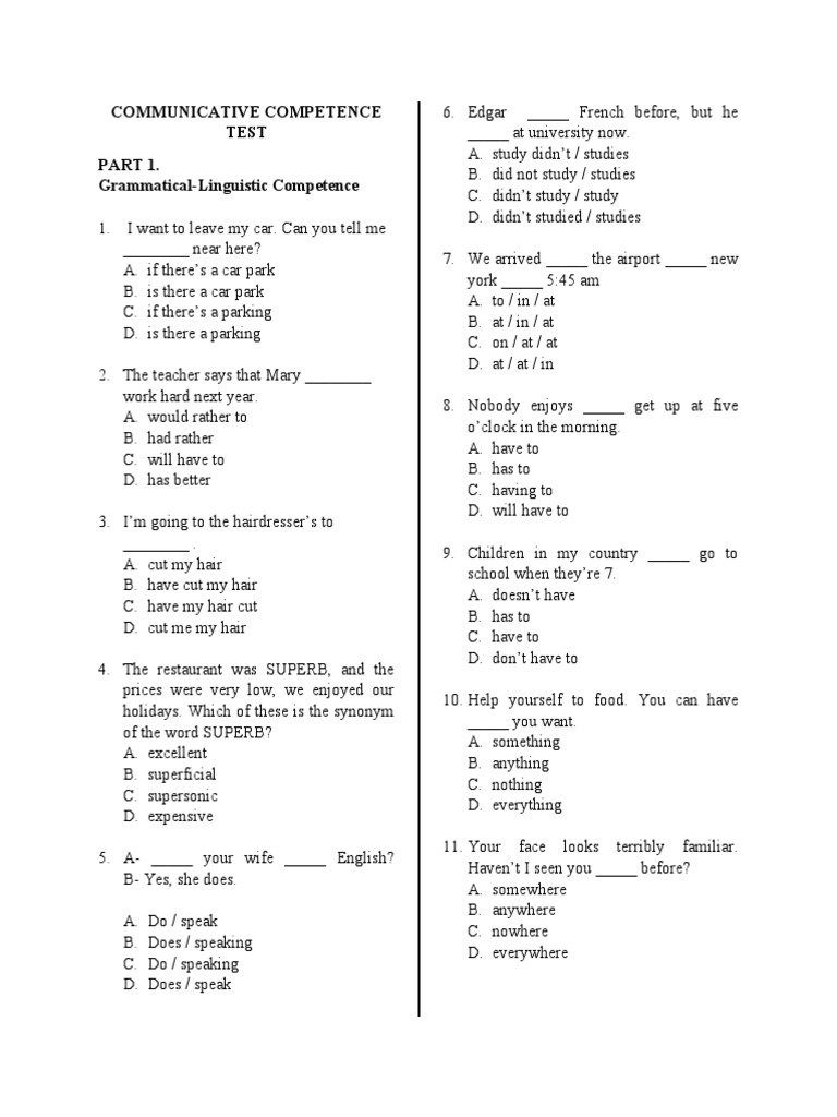 COMMUNICATIVE COMPETENCE TEST (Grammatical-Linguistic ...