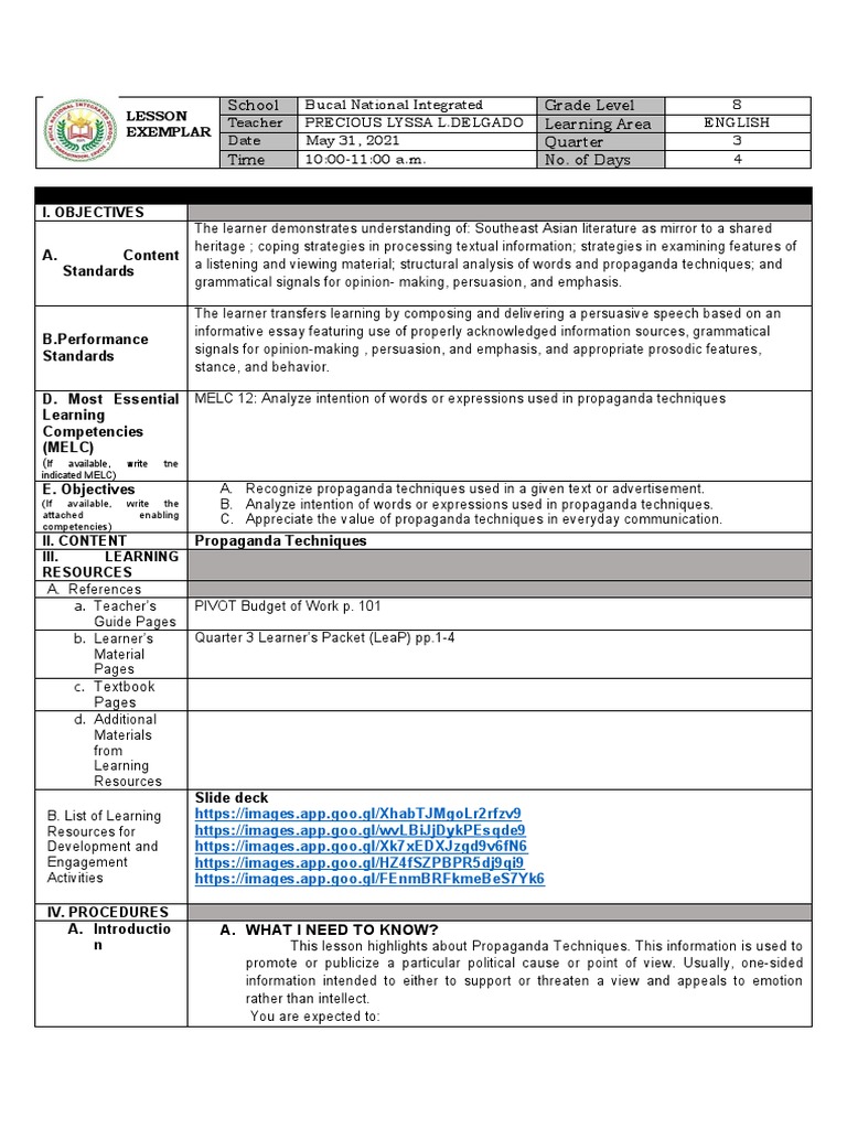 Lesson Plan For Final Demo | PDF | Propaganda | Persuasion