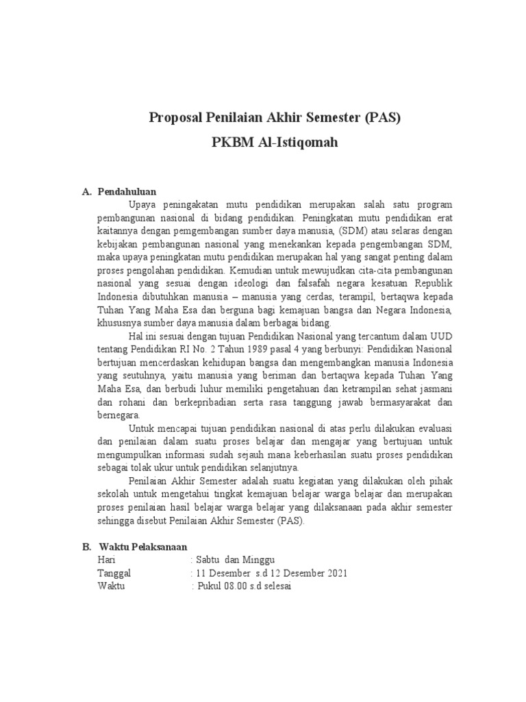 Proposal PAS PKBM Al-Istiqomah 2021 | PDF