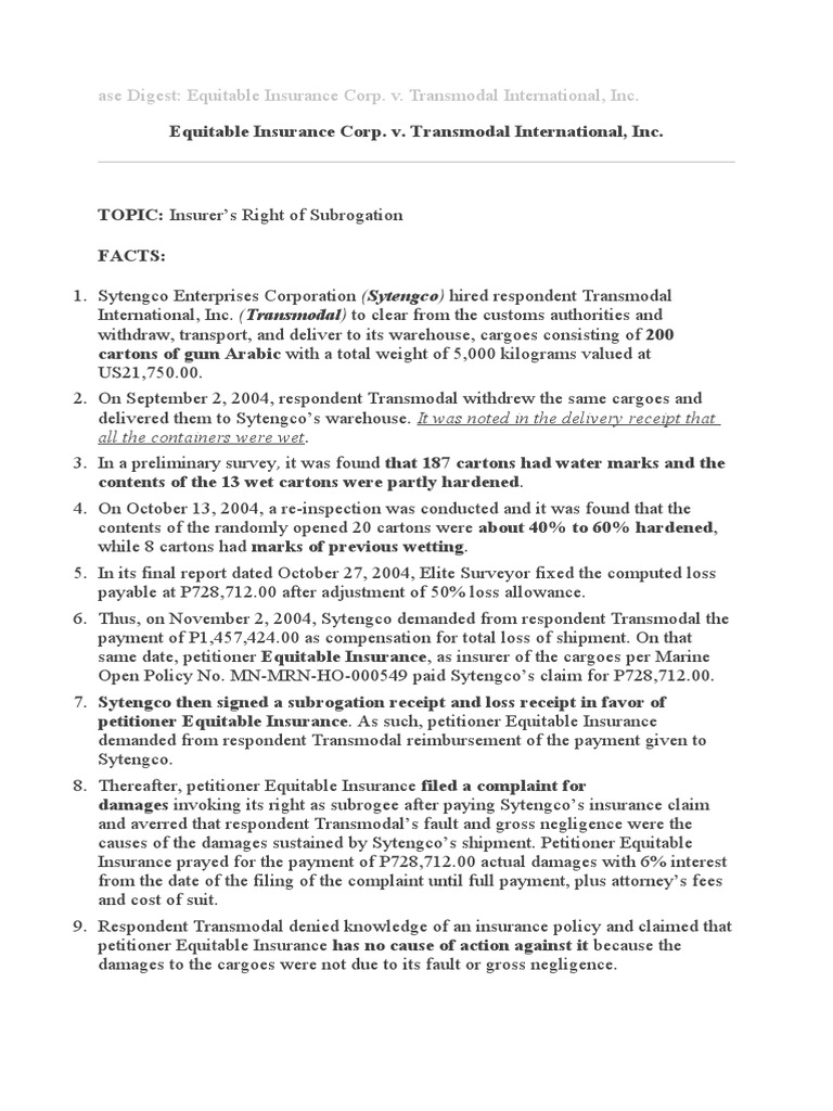 Equitable Insurance Vs Transmodal Case Summary | PDF | Subrogation ...