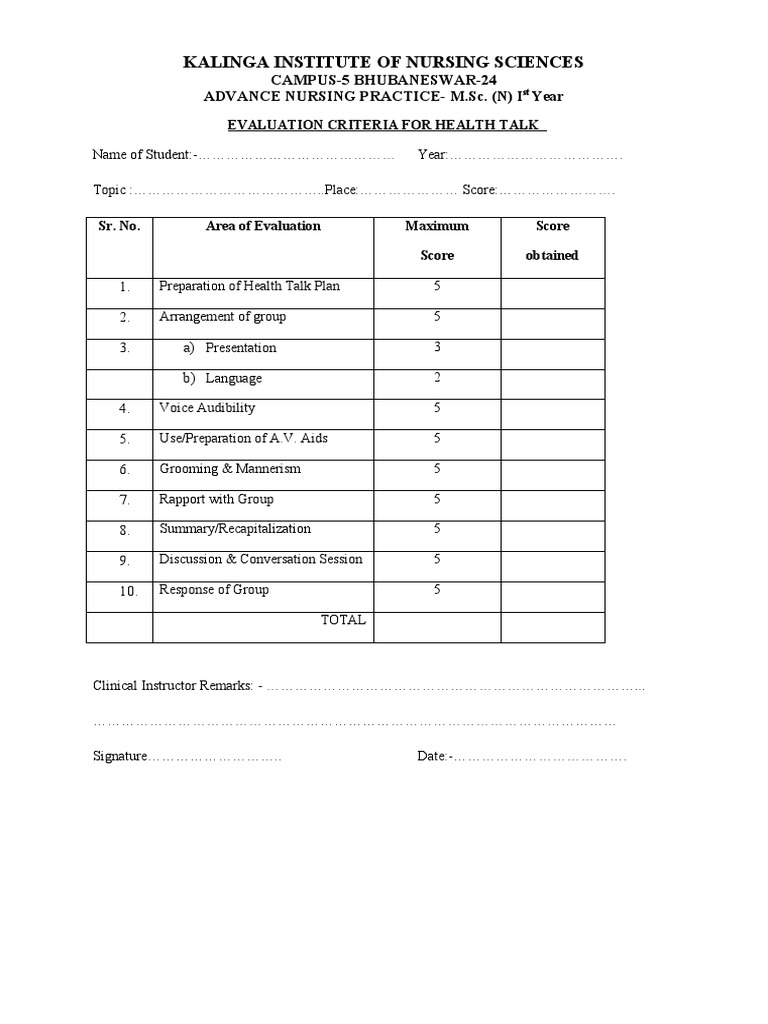 Evaluation Criteria For Health Talk | PDF