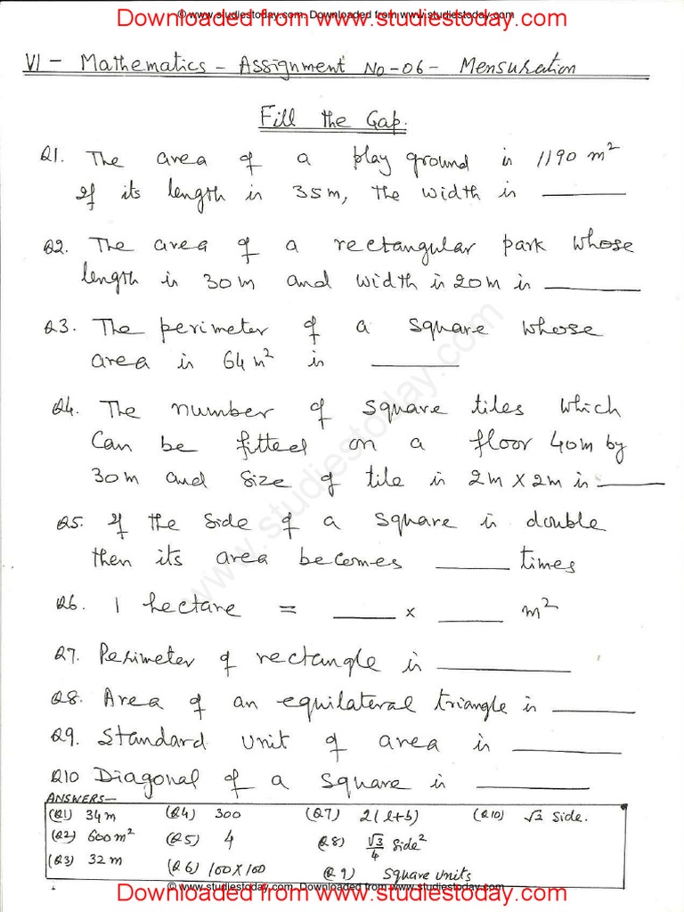 CBSE Class 7 Mathematics Mensuration Worksheet Set A | PDF