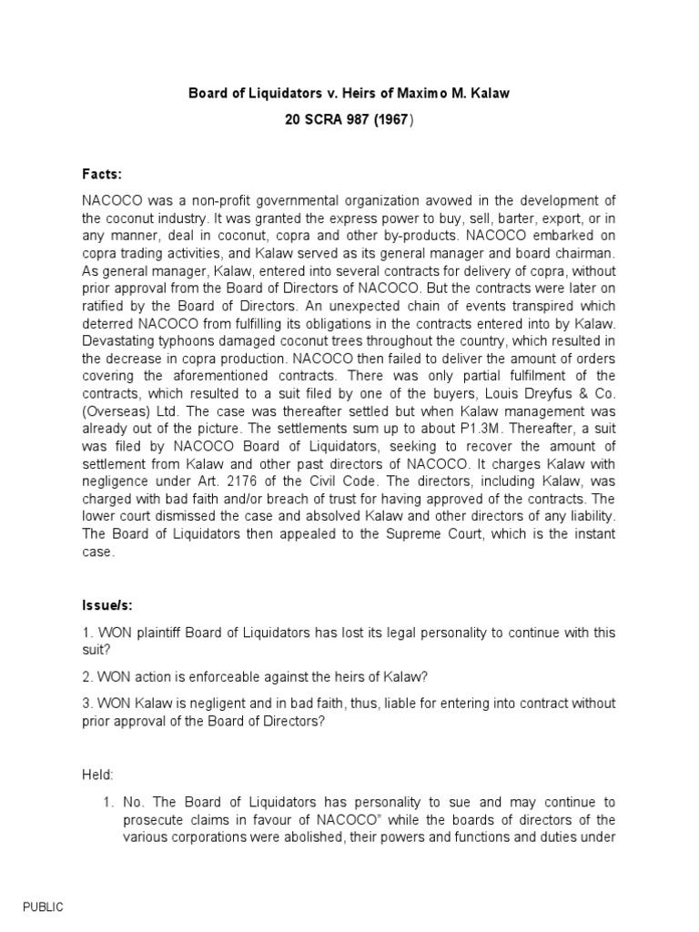 075 Board of Liquidators v. Heirs of Maximo M. Kalaw (1967) | PDF