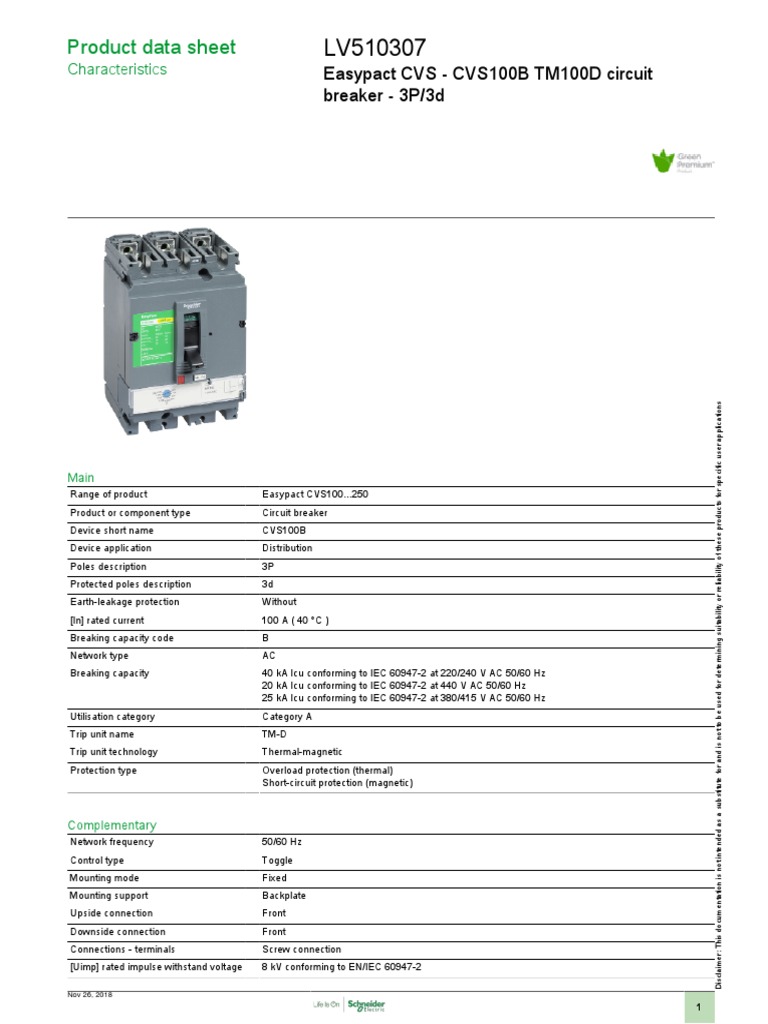 Product Data Sheet: Easypact CVS - CVS100B TM100D Circuit Breaker - 3P ...