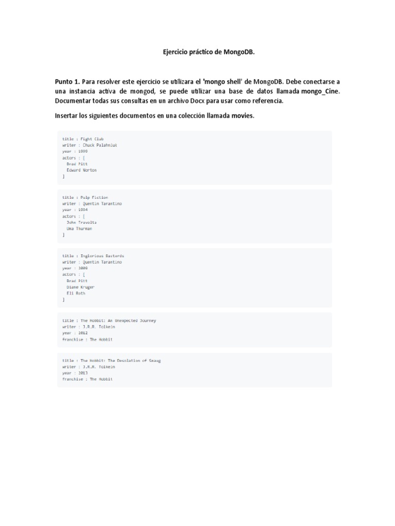 Ejercicio Práctico de MongoDB | PDF | Bilbo Baggins | Mongo Db Ejercicio Práctico de MongoDB | PDF | Bilbo Baggins | Mongo Db