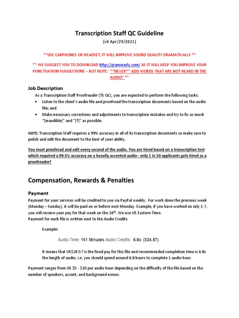 Transcription Staff QC Guideline: Compensation, Rewards & Penalties ...