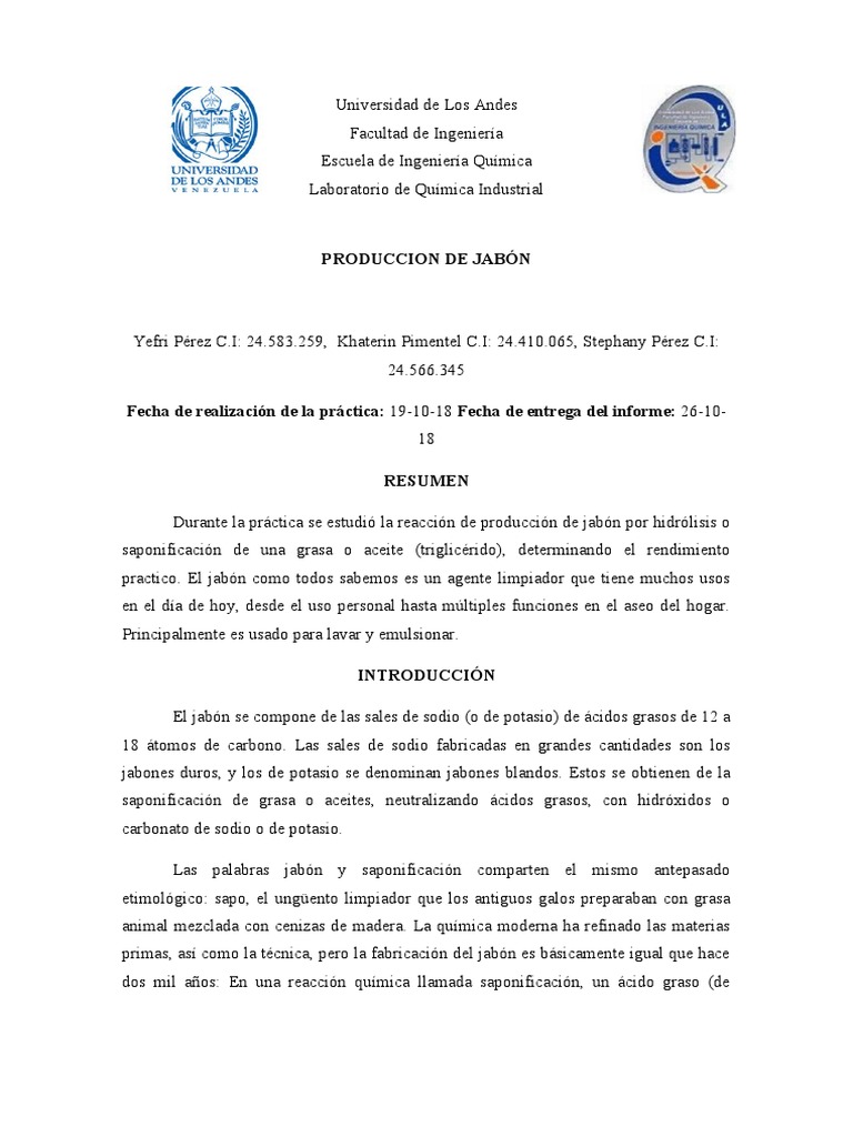 1era Practica. Jabon. LAB - QI | PDF | Jabón | Química