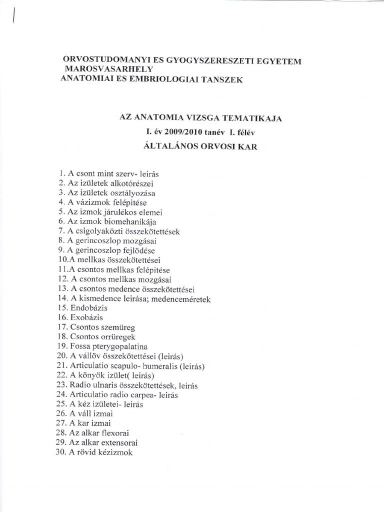 Anatomia Vizsga Tematikaja | PDF