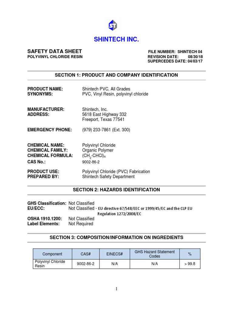 Shintech PVC Safety Data Sheet | PDF | Personal Protective Equipment ...