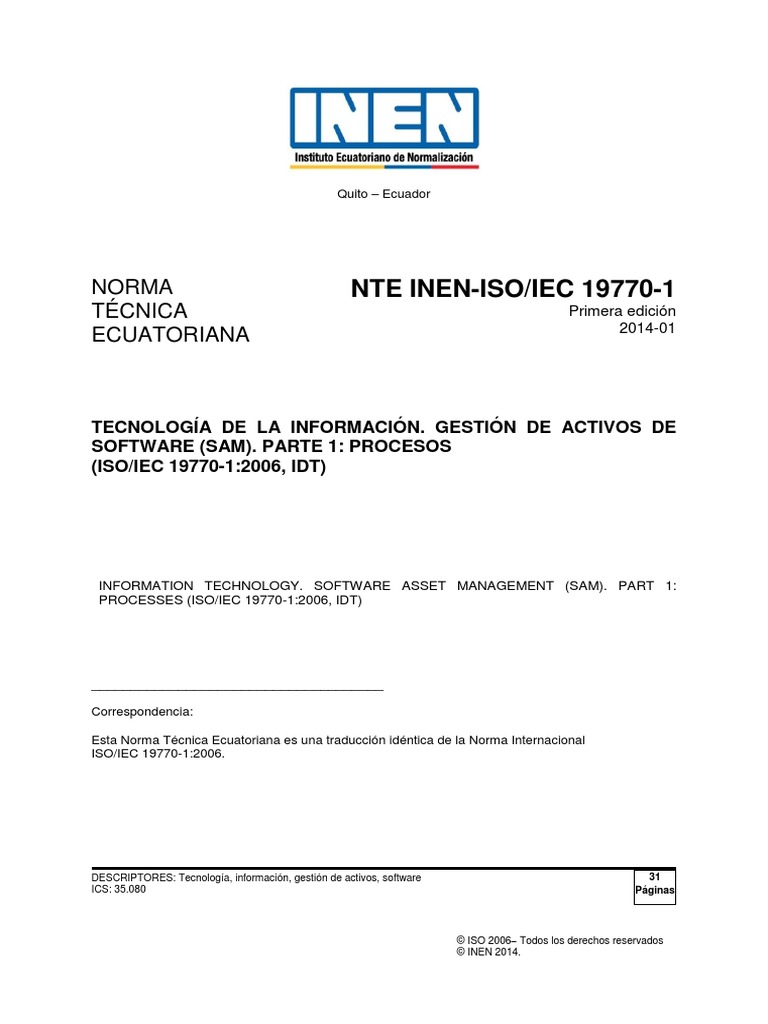 Gestion Activos de Software Nte - Inen - Iso - Iec - 19770-1 | PDF ...