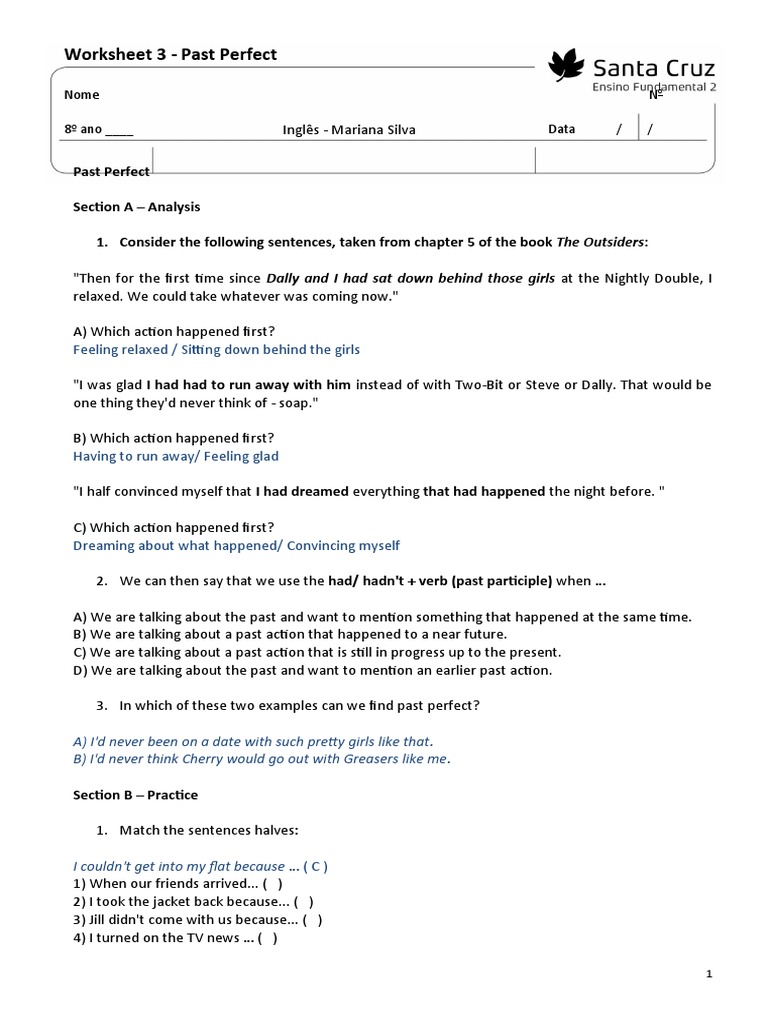 Worksheet 3 Past Perfect | PDF