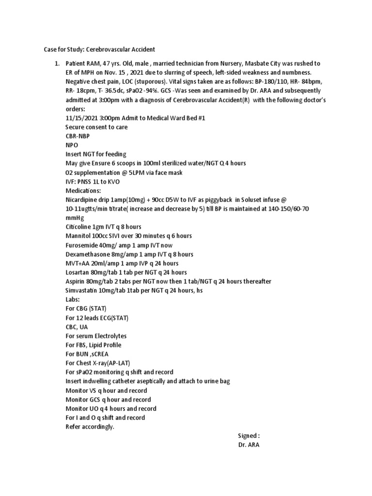 Cerebrovascular Accident Case Study | PDF | Blood Pressure | Catheter